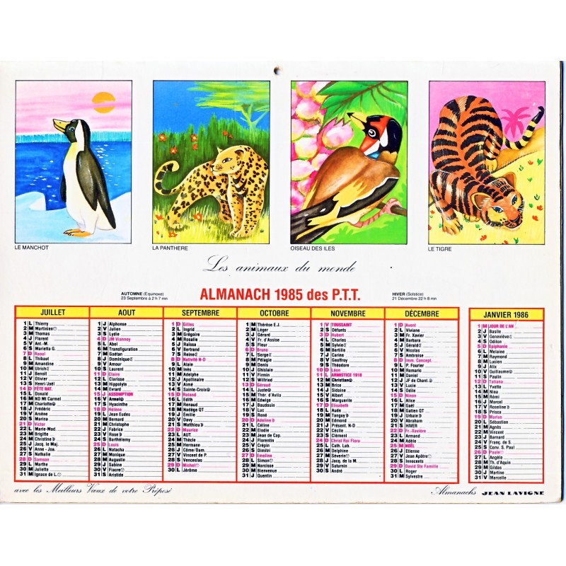 CALENDRIER ALMANACH 1985 LES ANIMAUX DU MONDE