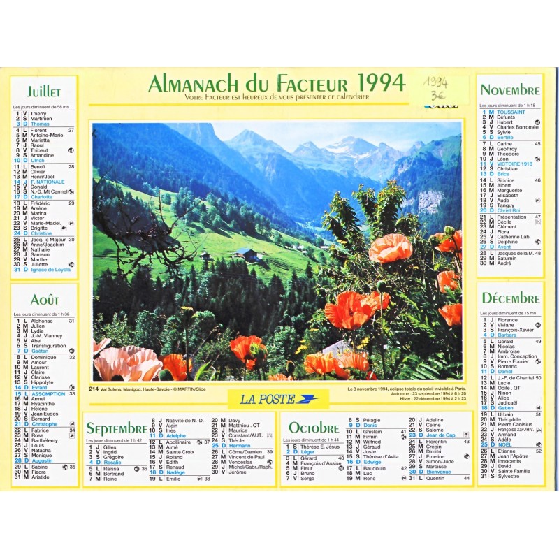 CALENDRIER ALMANACH DU FACTEUR 1994 OLLER
