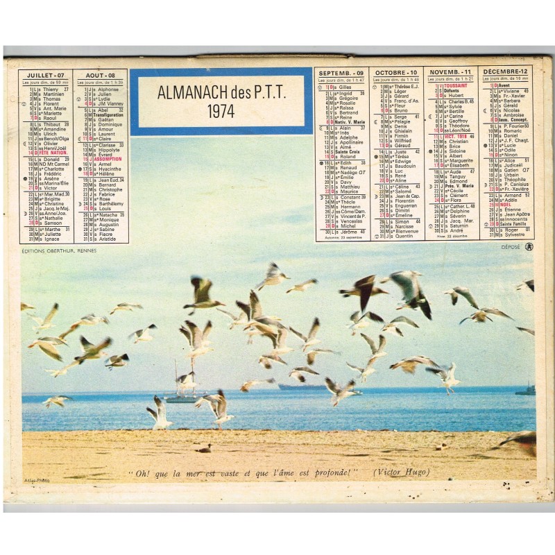 CALENDRIER ALMANACH DES PTT 1974 - ANIMAUX
